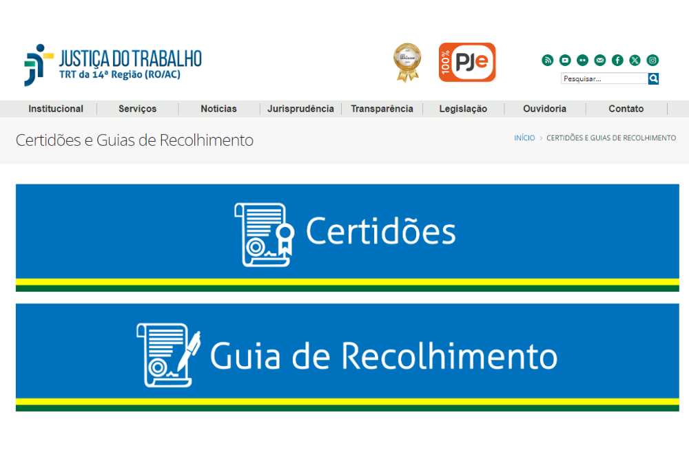 TRT-14 atualiza página no seu site para emissão de GRU Simples e Judicial | TRT 14